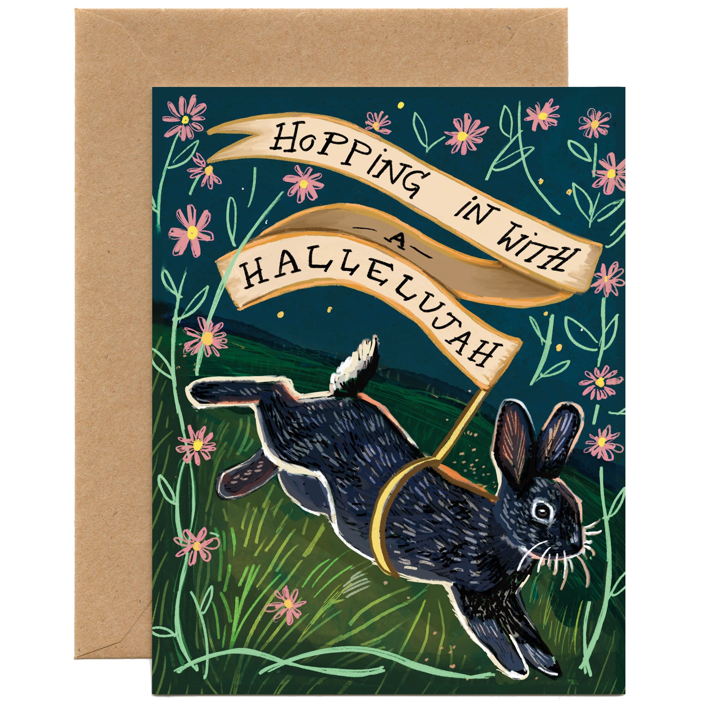 Hopping In With A Hallelujah (Rabbit With Banner) – Tiny and Snail